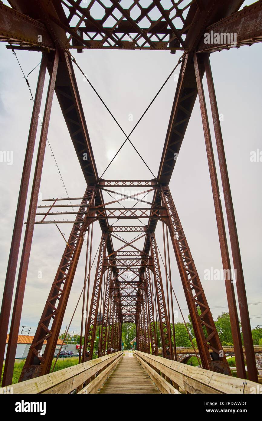 Vertical of walking bridge inside converted old railway train bridge in ...
