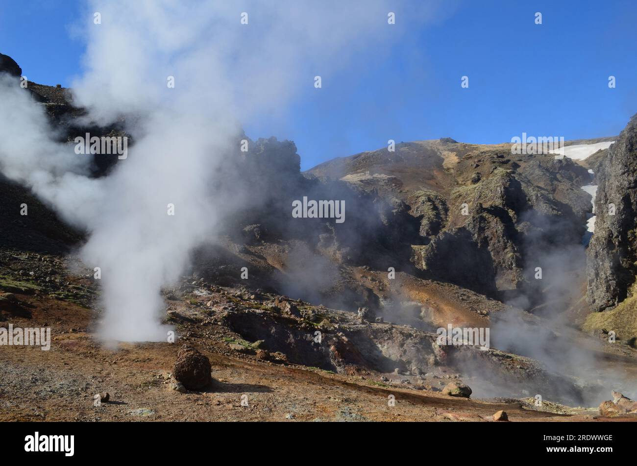 Steam rising from geothermal fumaroles in Hveragerdi Icelands volcanic ...