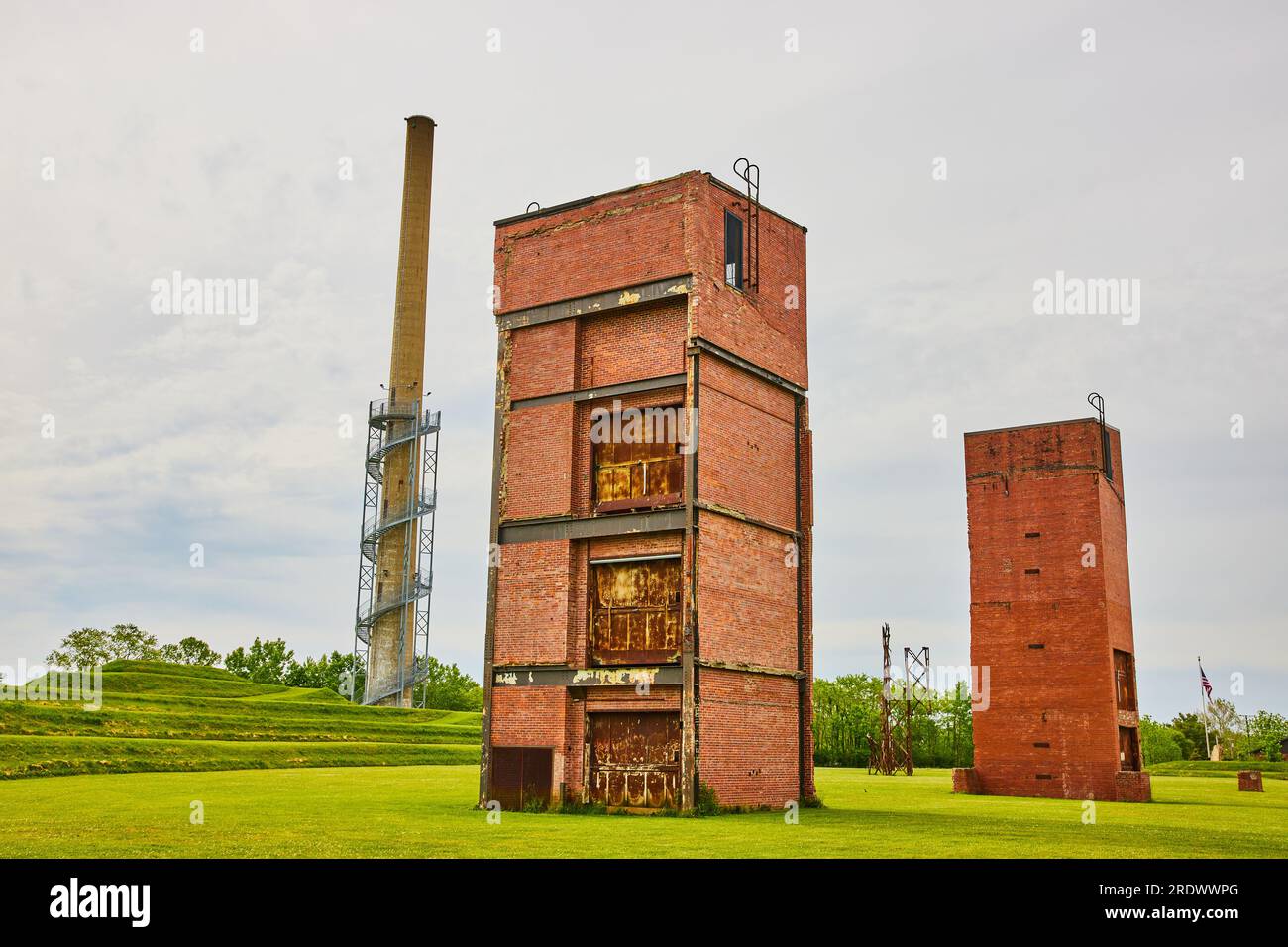 Abandoned remnants of old glass factory freight elevator buildings and ...