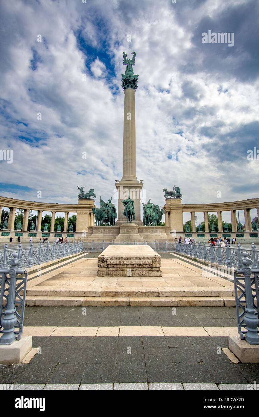 Budapest, HU – June 11, 2023 Vertical view of Heroes' Square, is one of ...