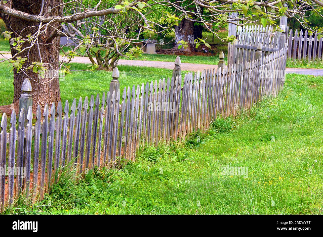 Long wooden fence curves to driveway. Each slat of fence is pointed and ...