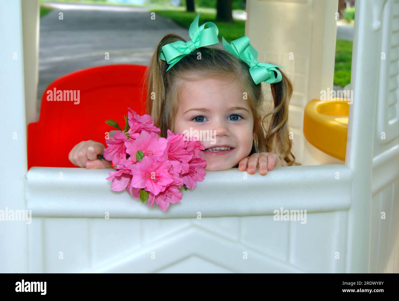 Little girl, holding a bouquet of pink azaleas, peeks out of her ...