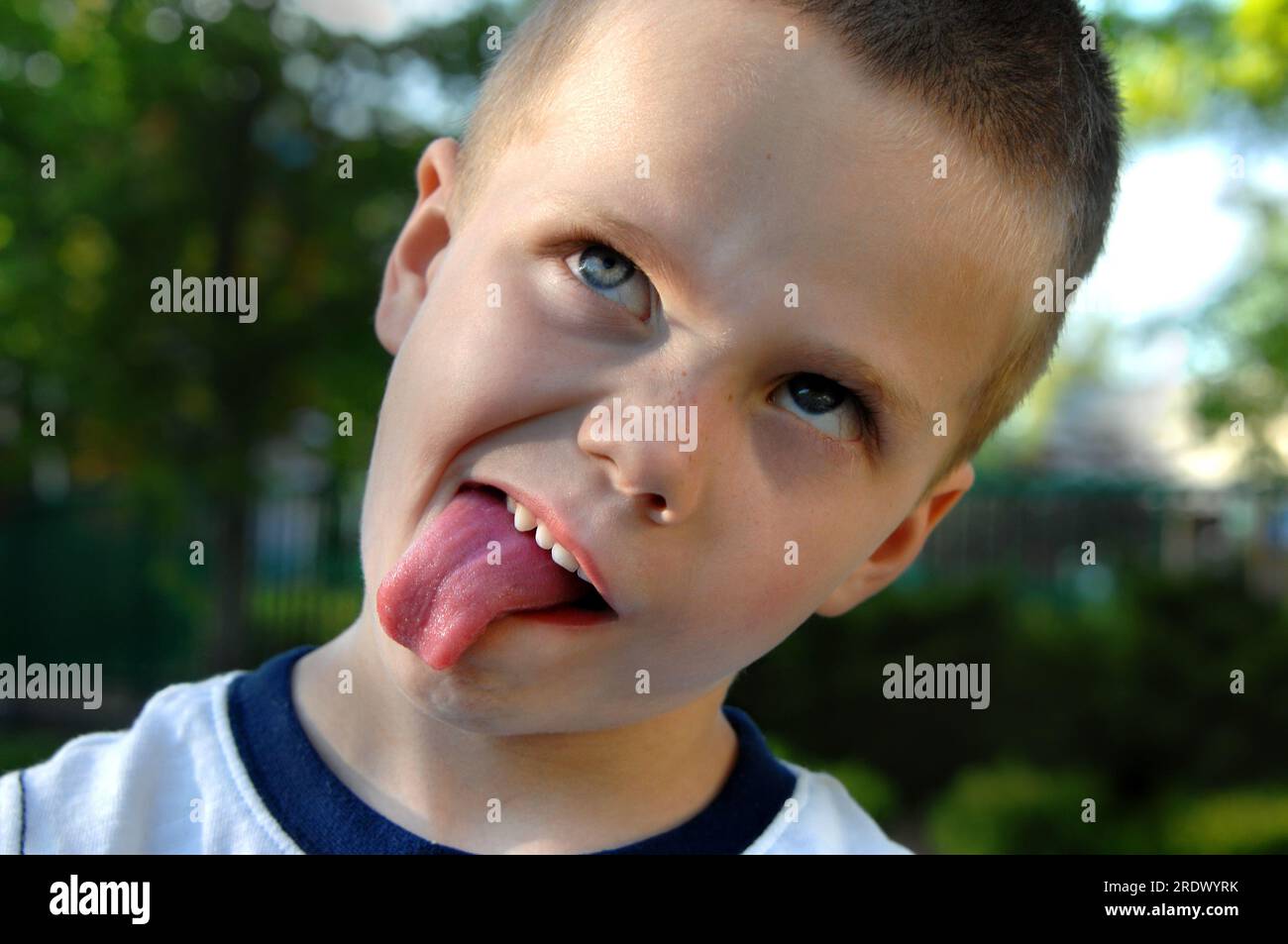Little boy gives his opinion of eating healthy. His tongue is sticking out and he is rolling his ...