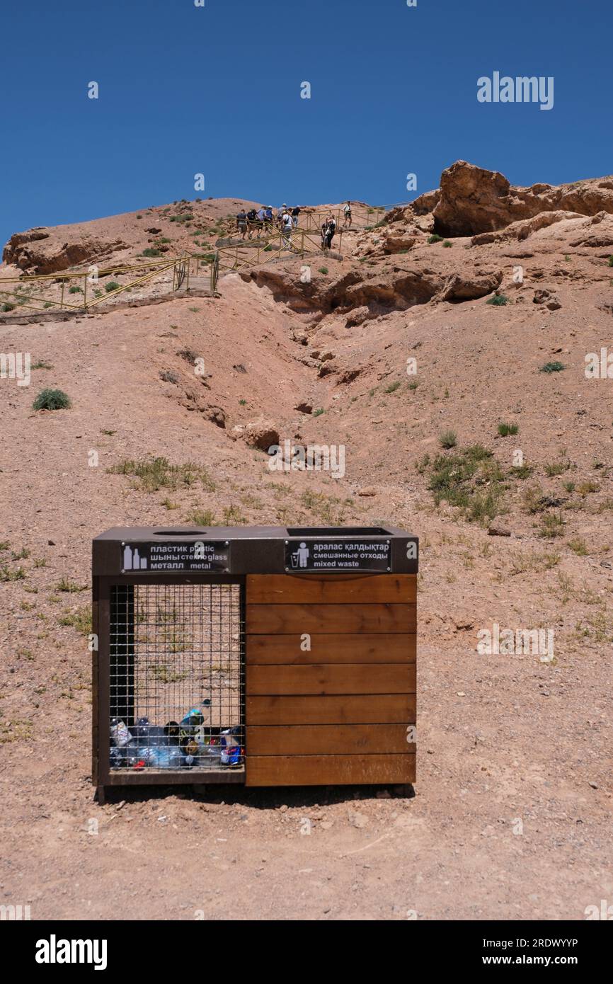Kazakhstan, Charyn (Sharyn) Canyon. Trash Receptical at Bottom of ...