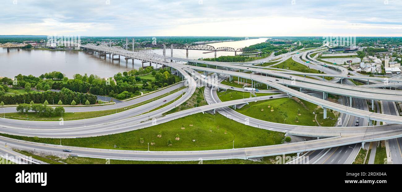 Panorama aerial crisscrossing highway roads and bridges in Louisville ...