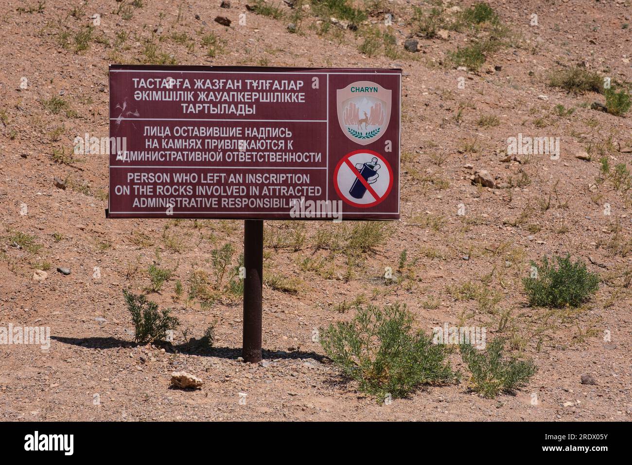 Kazakhstan, Charyn (Sharyn) Canyon. Trilingual Sign Warning that Anyone ...