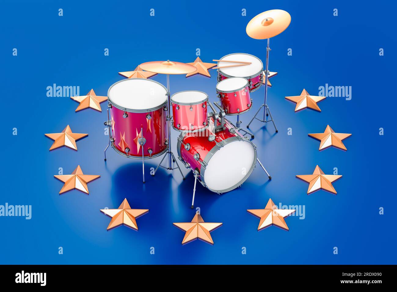 Drum set on the EU flag. Music in the European Union concept, 3D ...