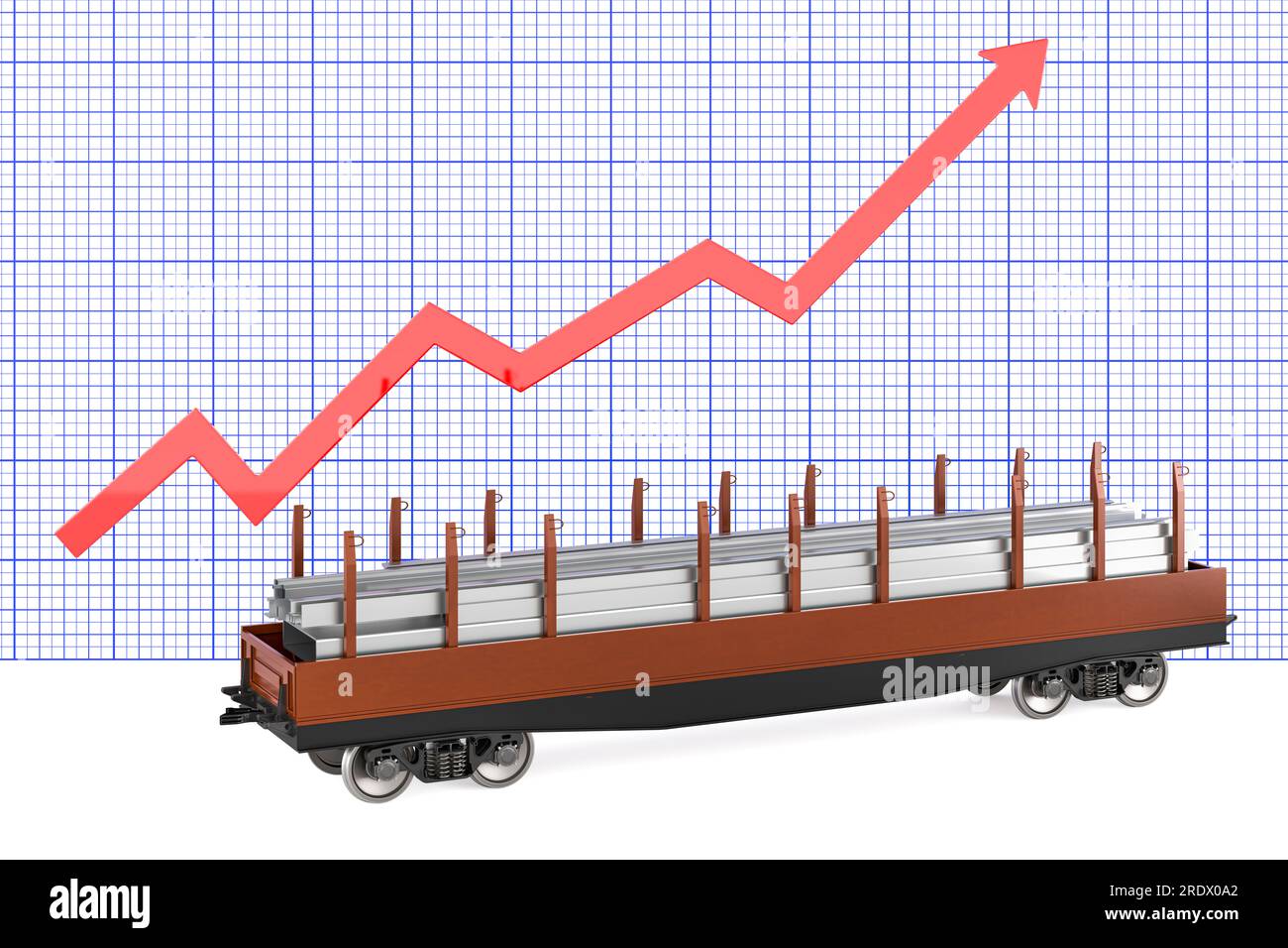 Railroad car with stack of rolled metal products with growing chart, 3D ...