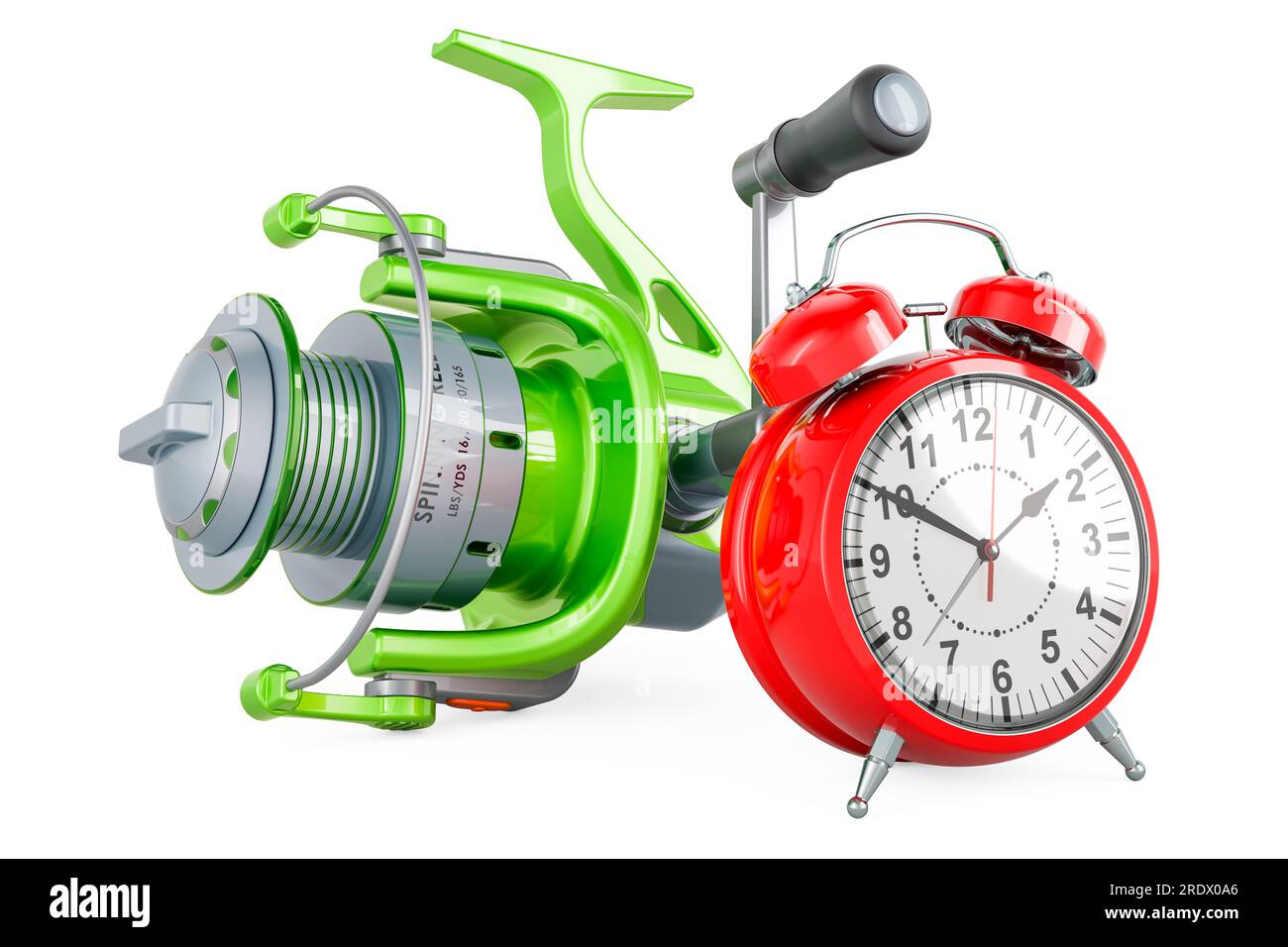 Spinning reel with alarm clock, 3D rendering isolated on white ...