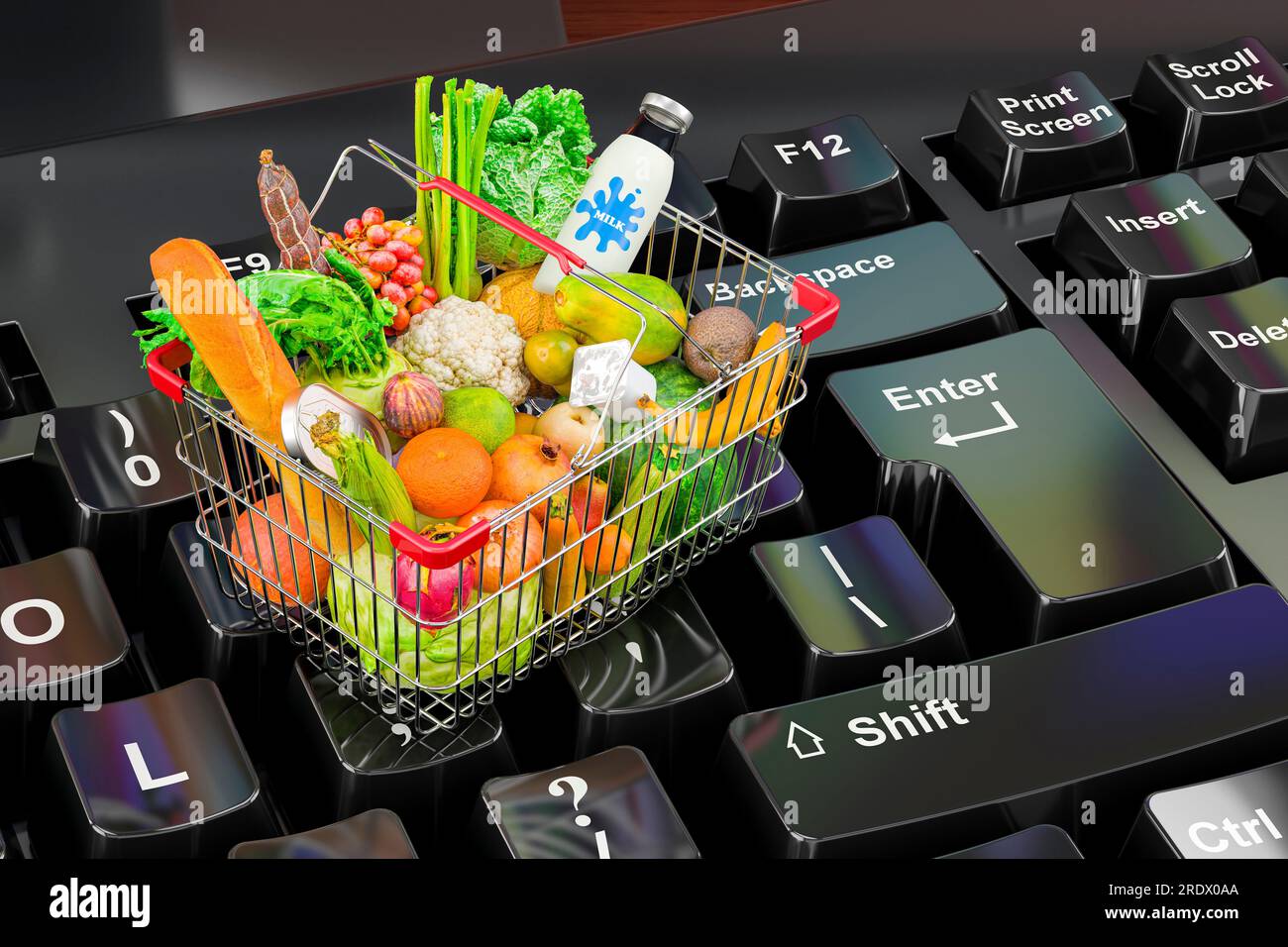 Shopping basket full of products on computer keyboard concept, Online ...