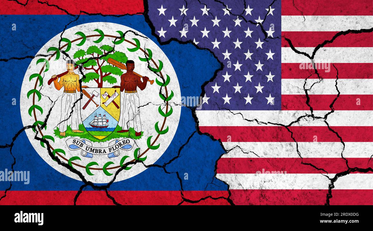 Flags of Belize and USA on cracked surface - politics, relationship ...