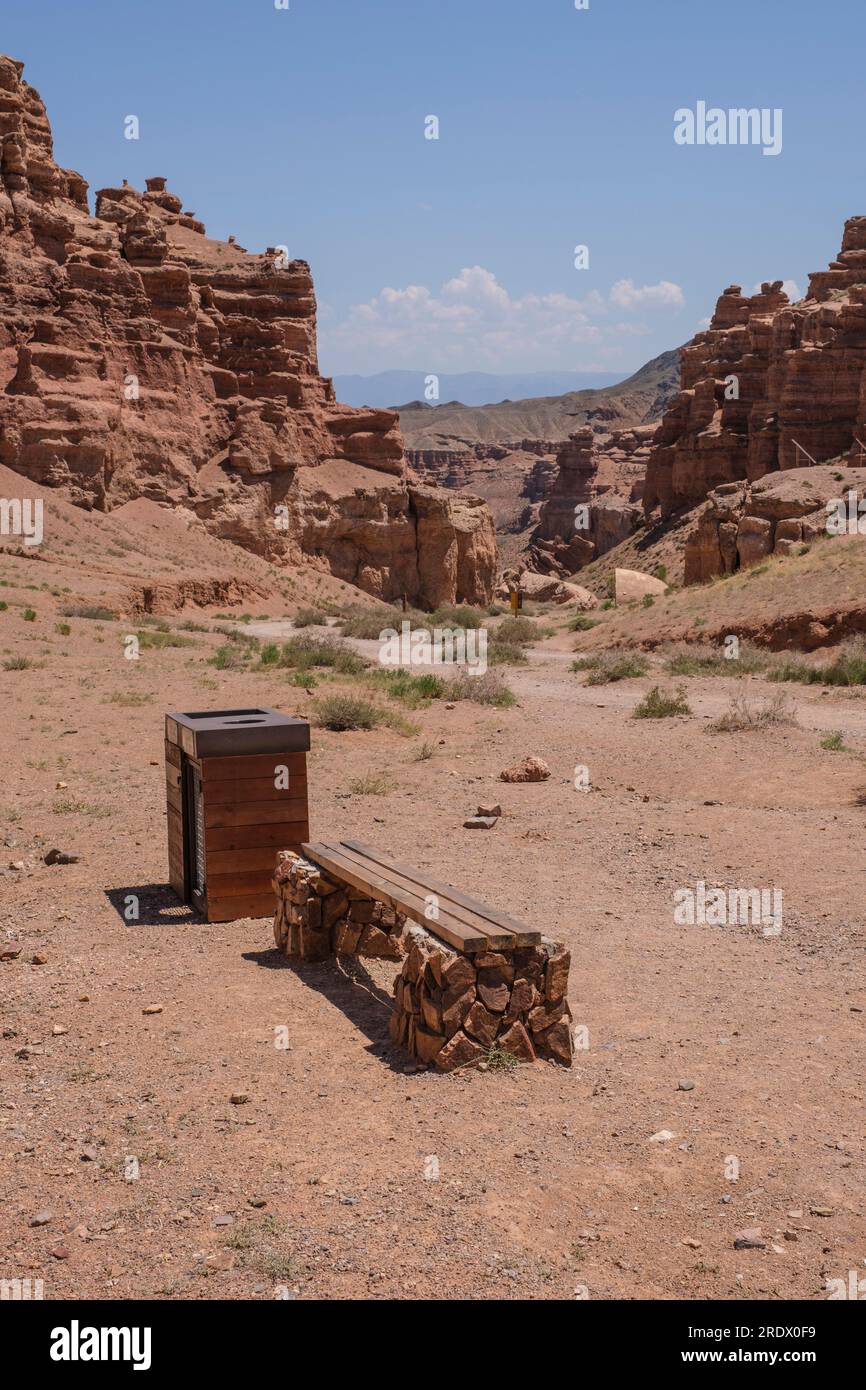 Kazakhstan, Charyn (Sharyn) Canyon. Trash Receptical and Bench for ...