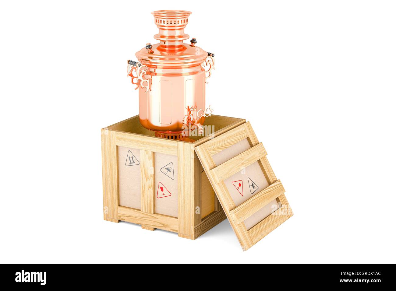 Brass Samovar inside wooden box, delivery concept. 3D rendering ...