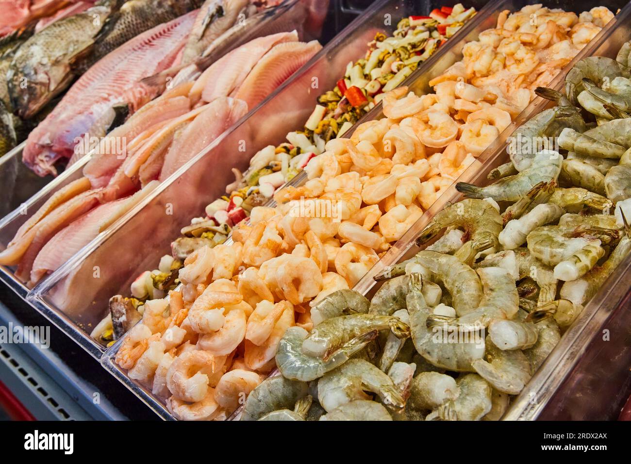 Meat department, seafood mix, raw shrimp, cooked shrimp, tilapia filet ...
