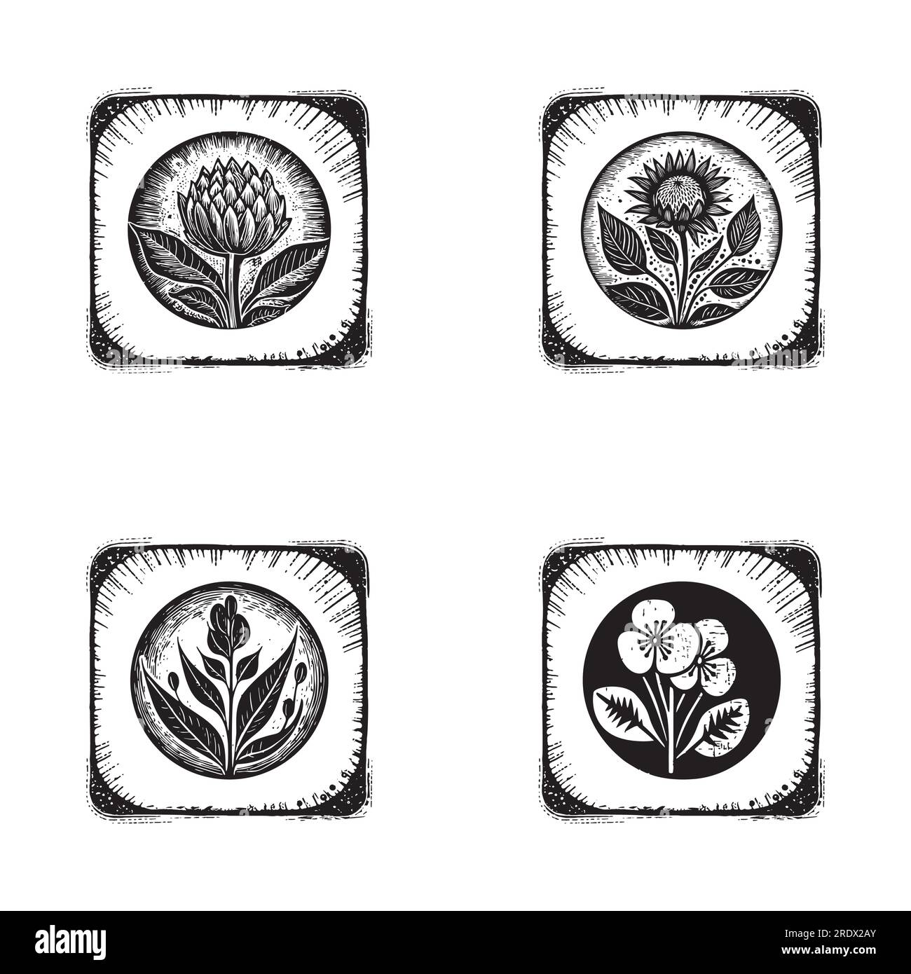 Nordic linocut floral in rustic frame motif for quirky logo set. Hand ...