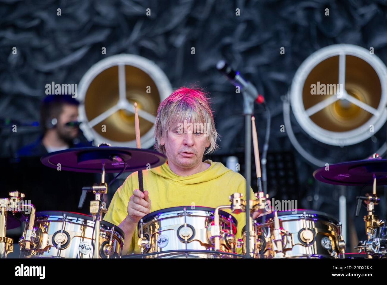 Hove, UK. Sunday 23 July 2023. Zak Starkey of the English rock band The ...