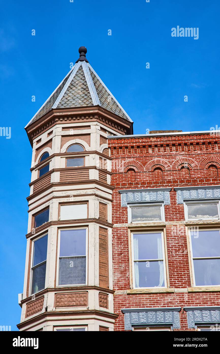 Top tower of old brick building in Public Square in Mount Vernon Ohio ...