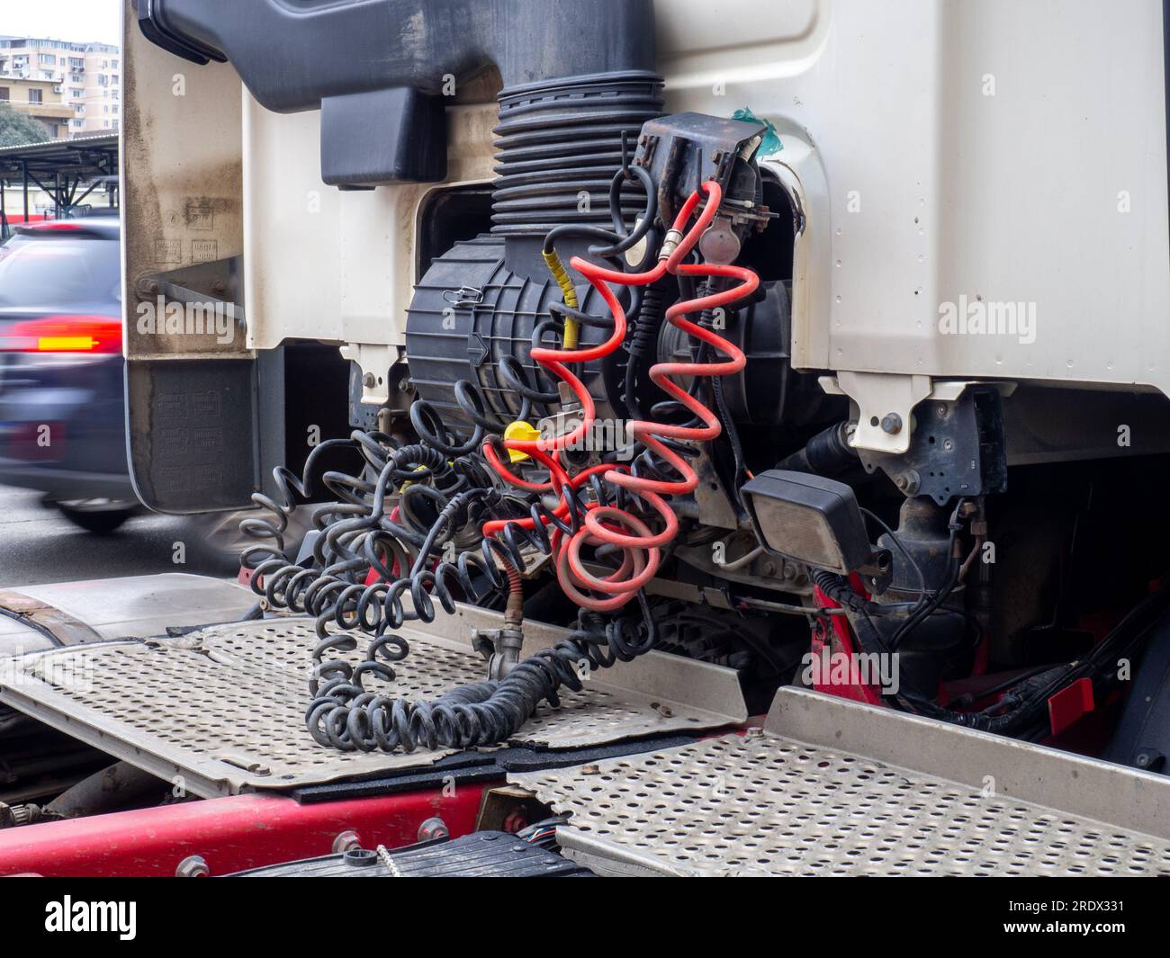 Wires behind the cab of the truck. Wires in the form of springs. Truck ...