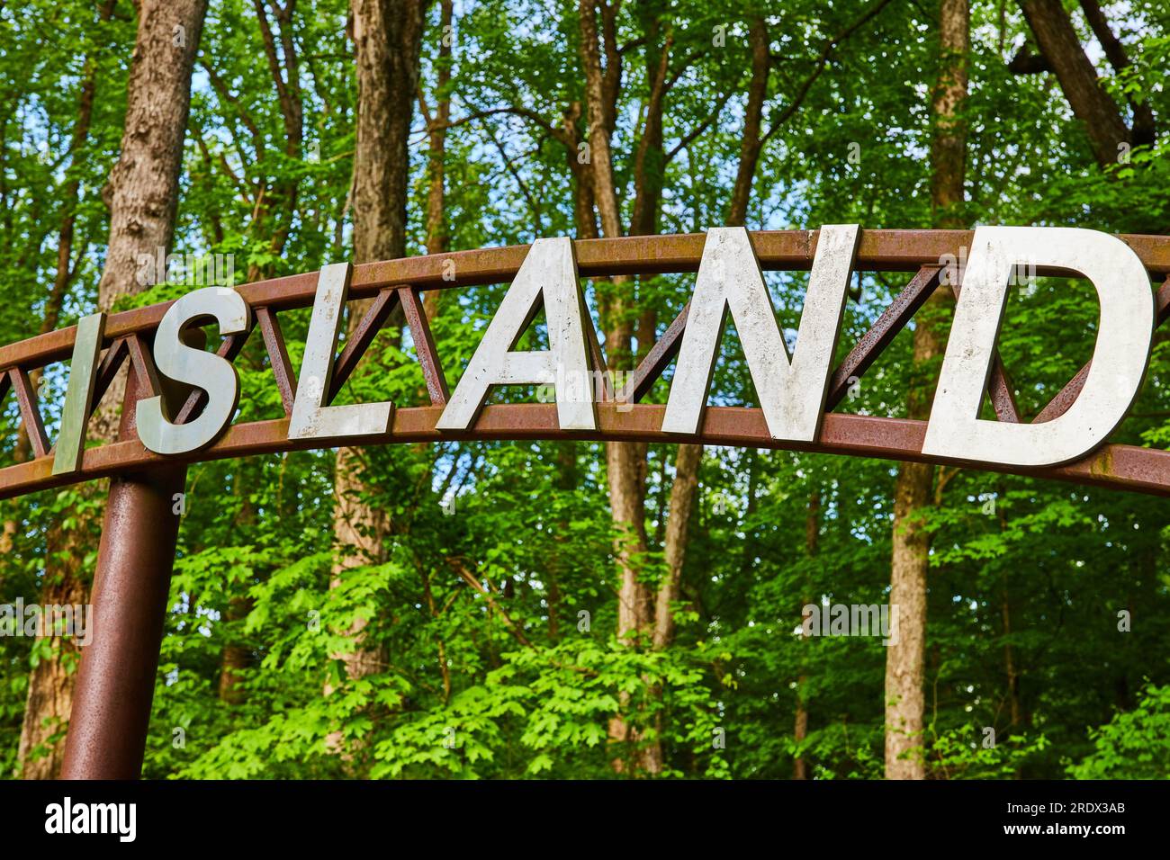 Island entrance board, entry to forest, giant sign, silver letters ...