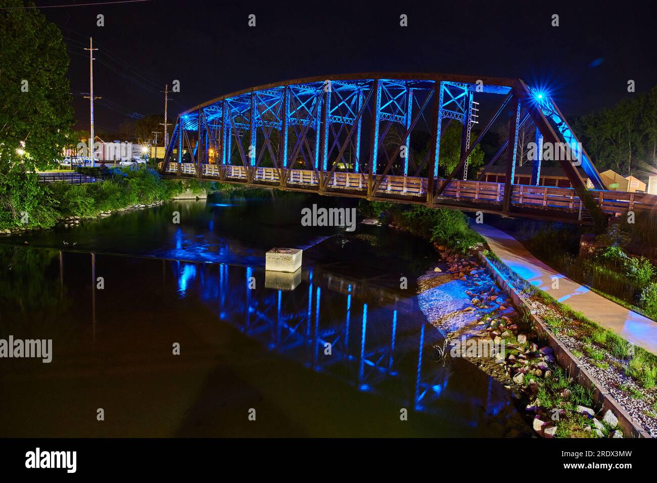Amazing side shot of neon blue train bridge at night Mount Vernon Ohio ...