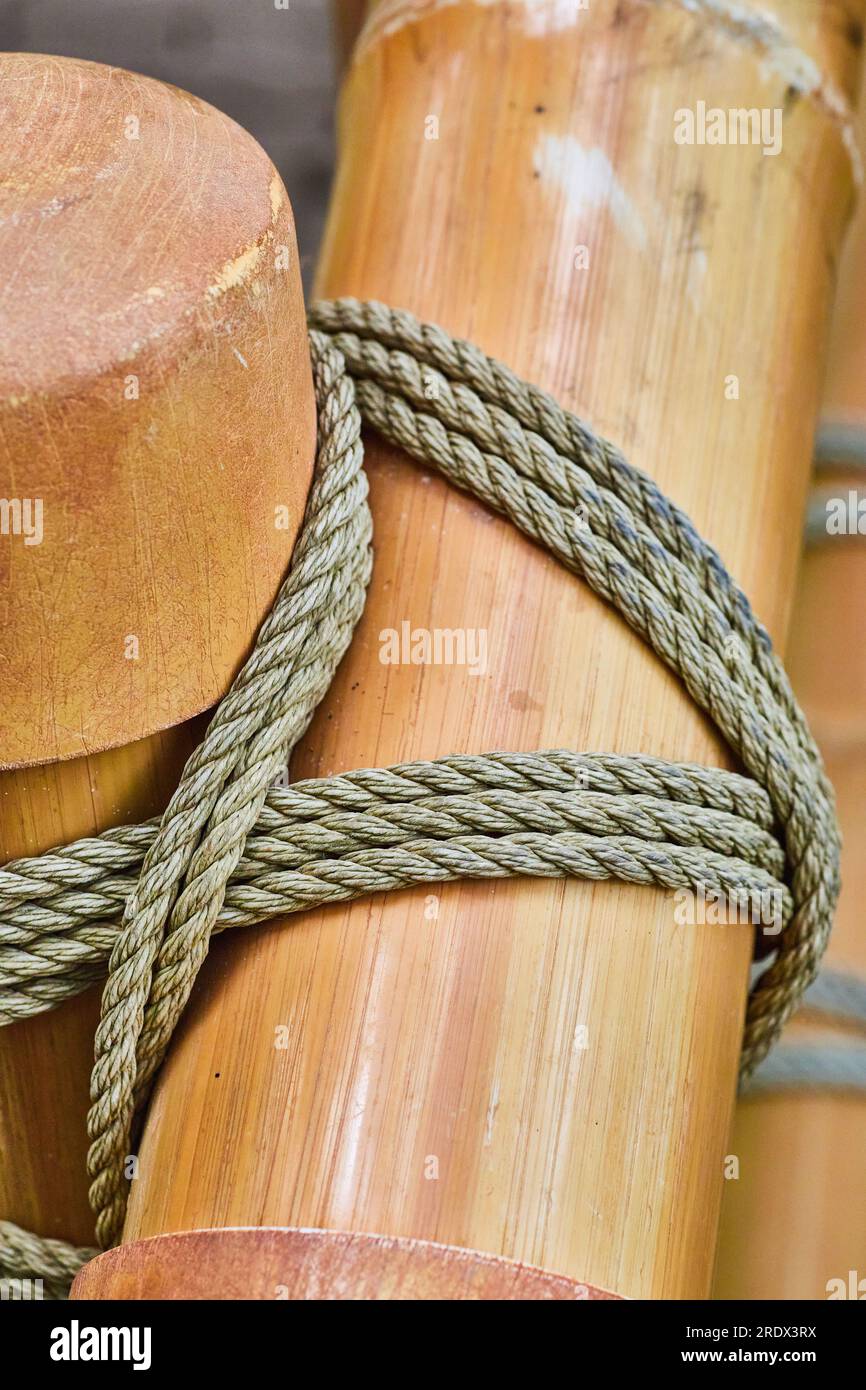 Close up of vertical and horizontal shiny bamboo poles strapped ...