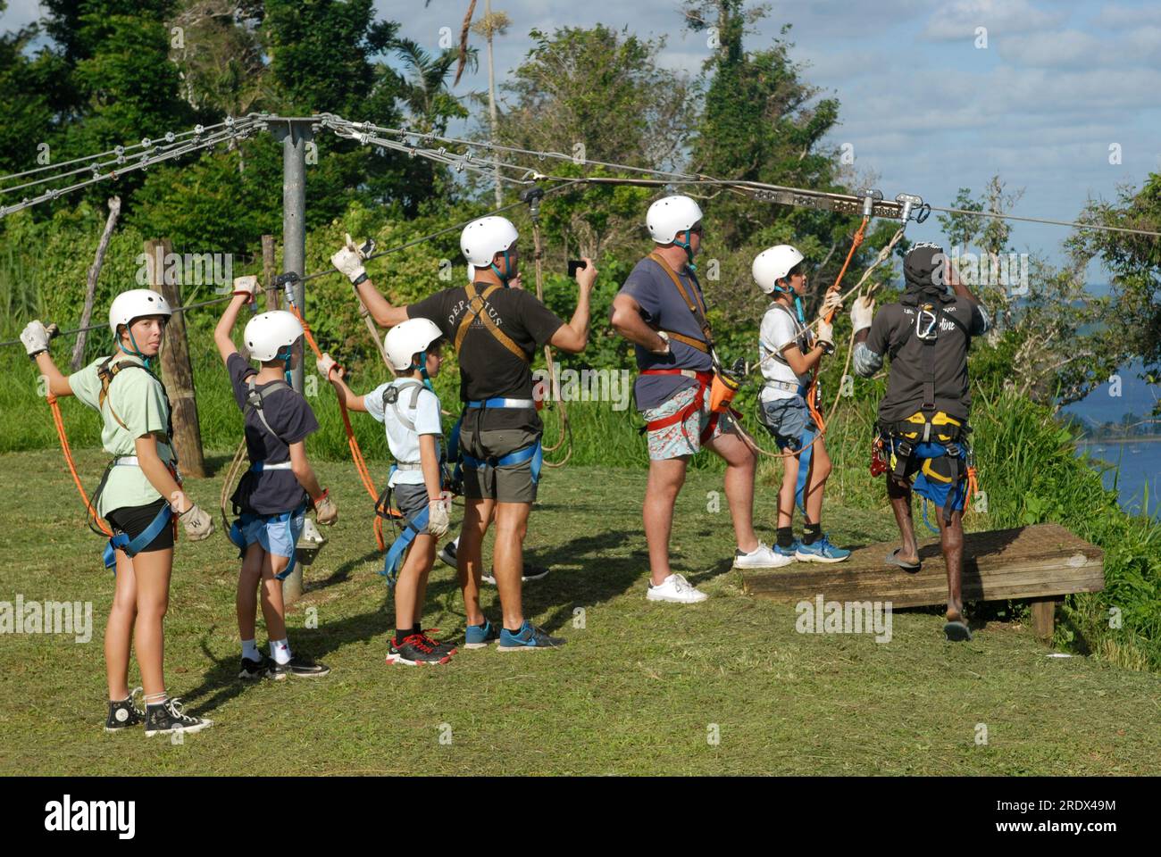 Tourists riding the zipline, Vanuatu Sky Bridge, Devil's Point Rd, Port ...