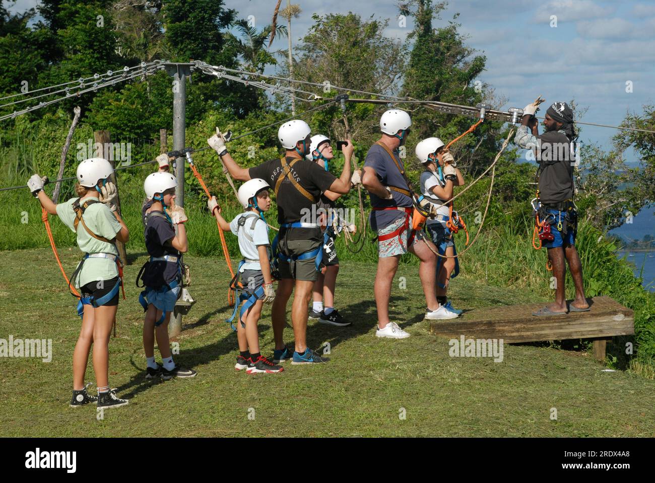 Tourists riding the zipline, Vanuatu Sky Bridge, Devil's Point Rd, Port ...
