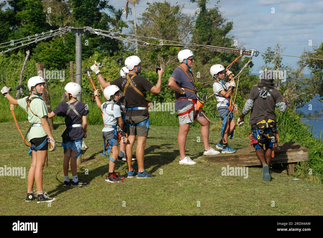 Tourists riding the zipline, Vanuatu Sky Bridge, Devil's Point Rd, Port ...