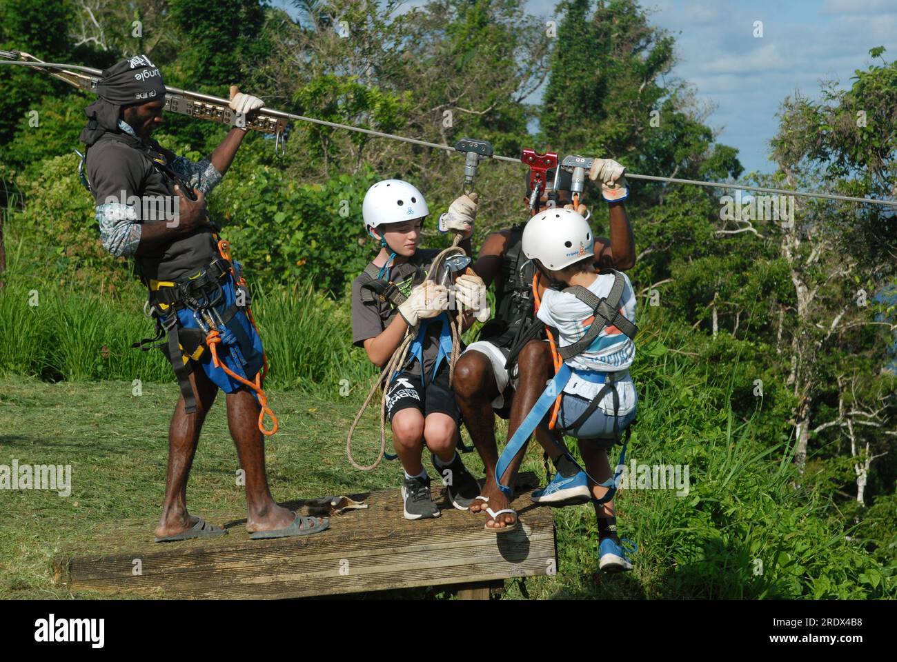 Tourists riding the zipline, Vanuatu Sky Bridge, Devil's Point Rd, Port ...