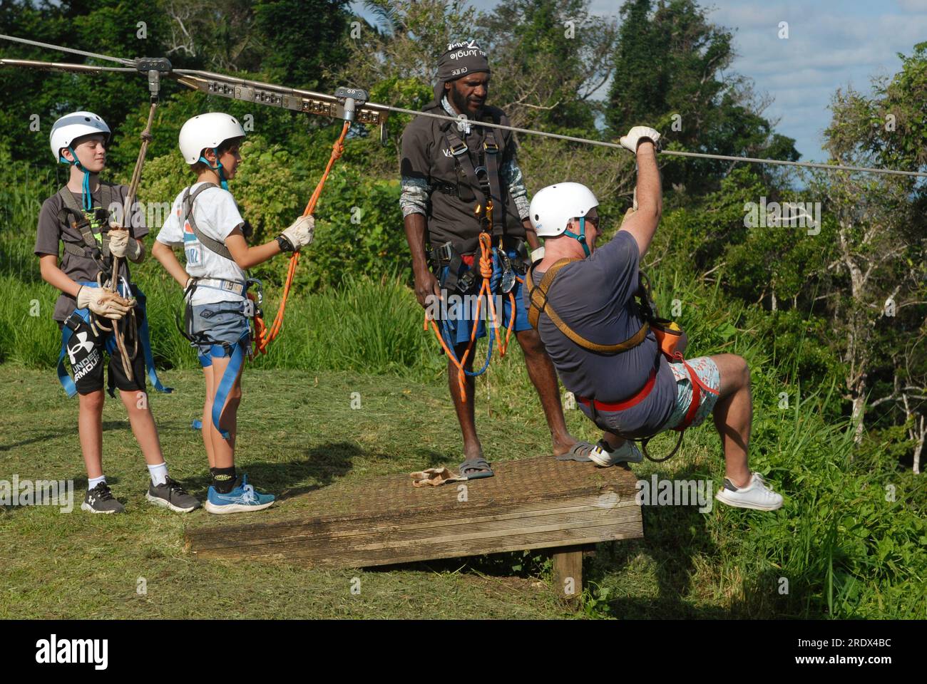 Tourists riding the zipline, Vanuatu Sky Bridge, Devil's Point Rd, Port ...