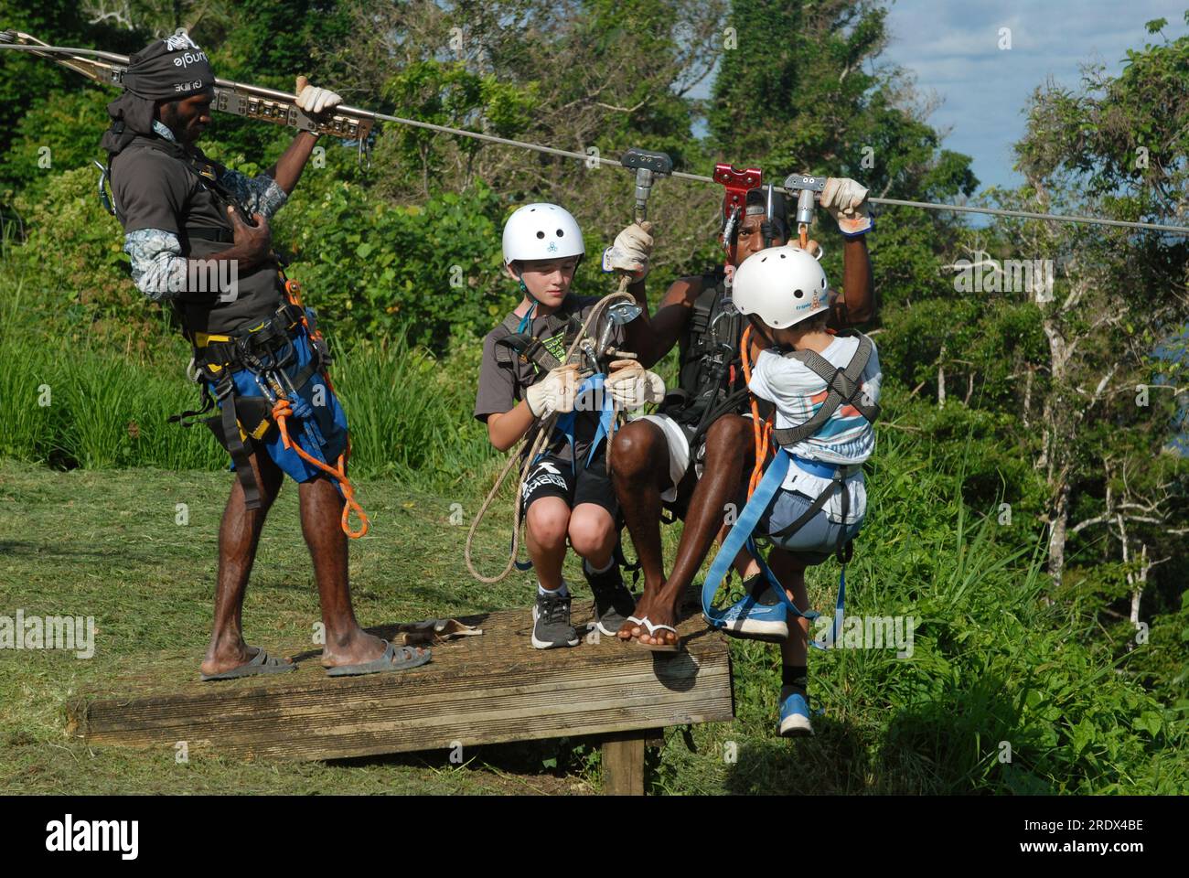 Tourists riding the zipline, Vanuatu Sky Bridge, Devil's Point Rd, Port ...