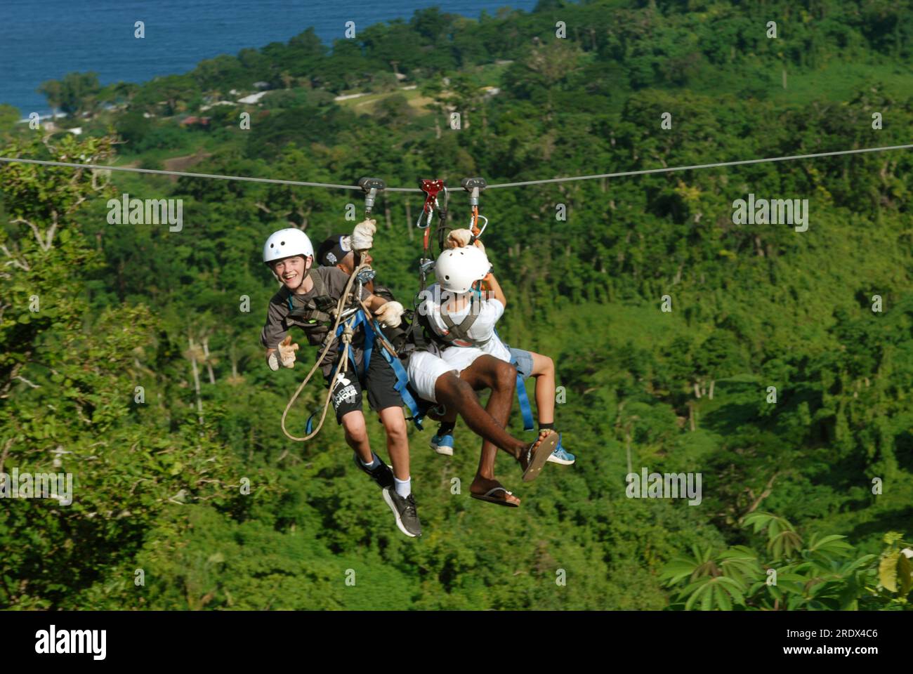 Tourists riding the zipline, Vanuatu Sky Bridge, Devil's Point Rd, Port ...
