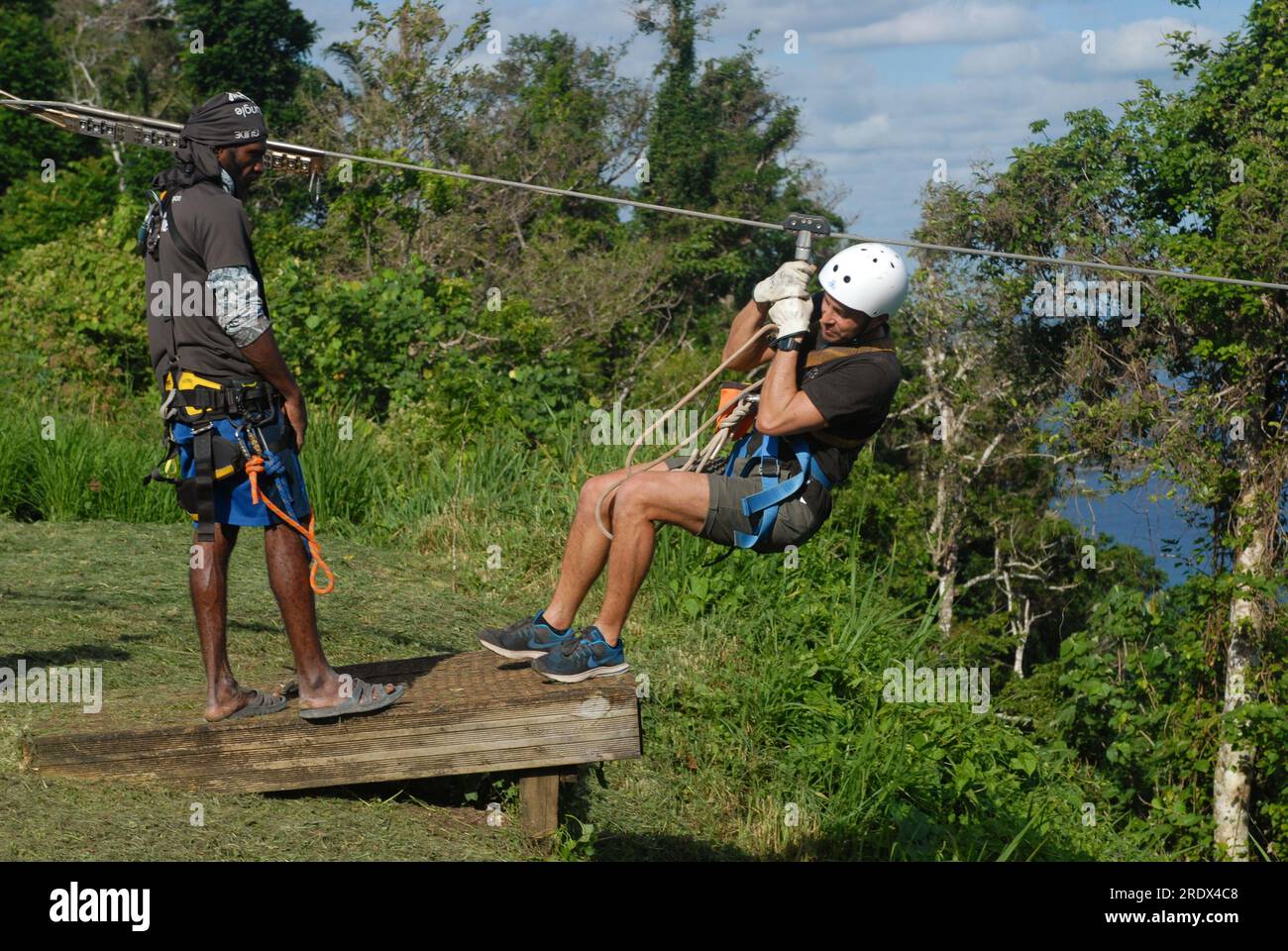 Tourists riding the zipline, Vanuatu Sky Bridge, Devil's Point Rd, Port ...