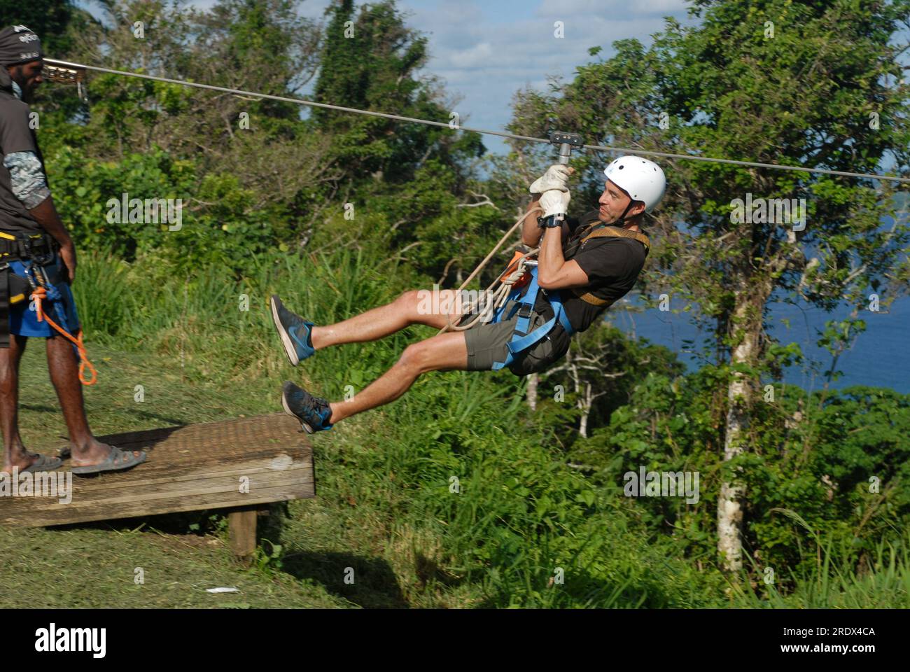 Tourists riding the zipline, Vanuatu Sky Bridge, Devil's Point Rd, Port ...