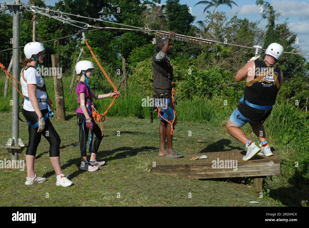 Tourists riding the zipline, Vanuatu Sky Bridge, Devil's Point Rd, Port ...