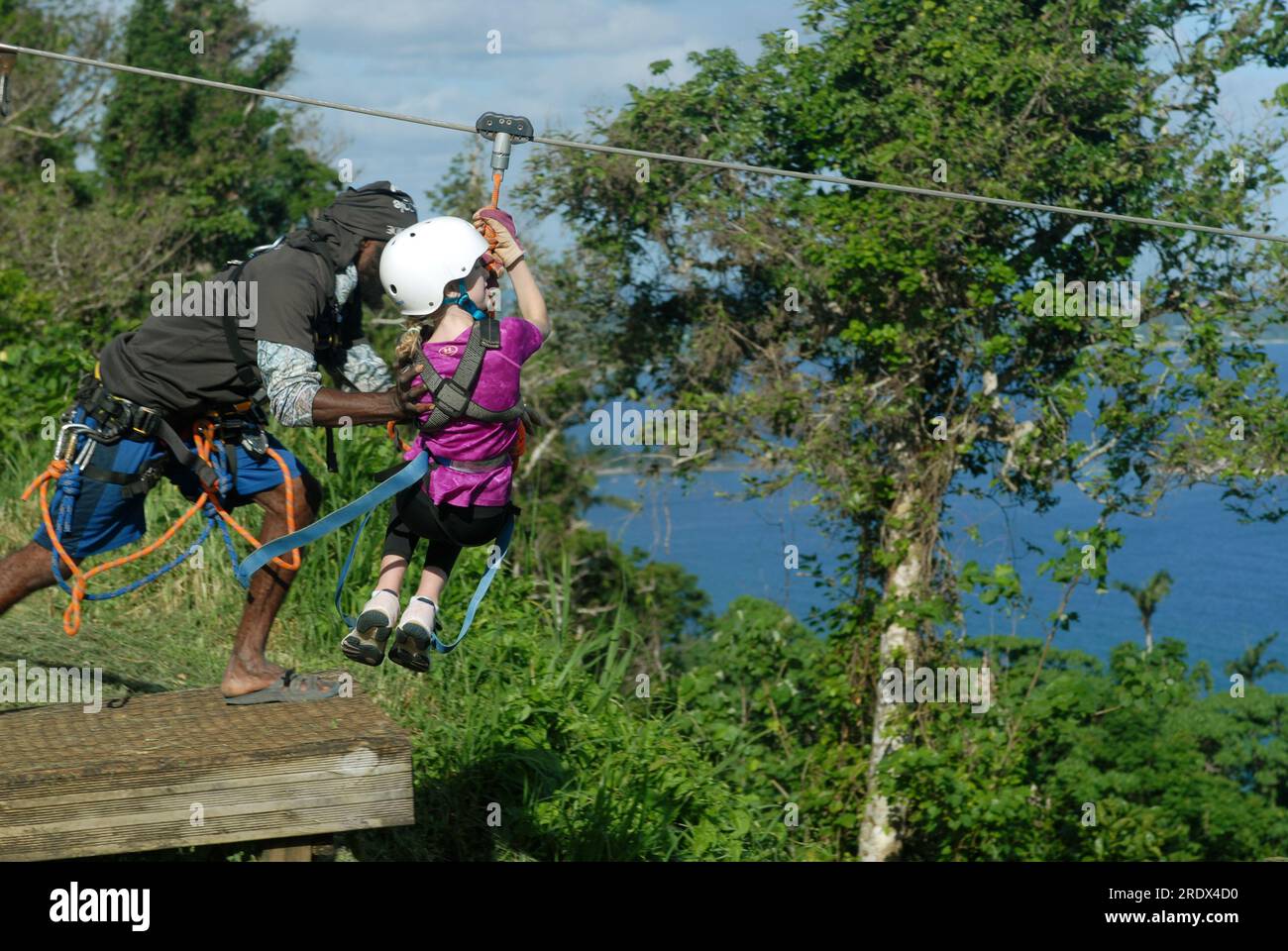 Tourists riding the zipline, Vanuatu Sky Bridge, Devil's Point Rd, Port ...