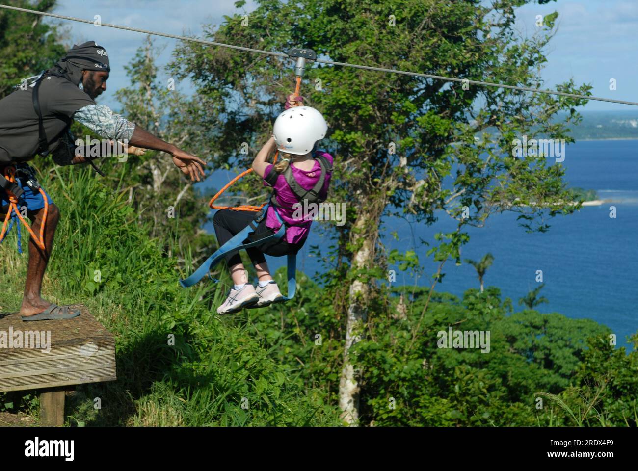 Tourists riding the zipline, Vanuatu Sky Bridge, Devil's Point Rd, Port ...