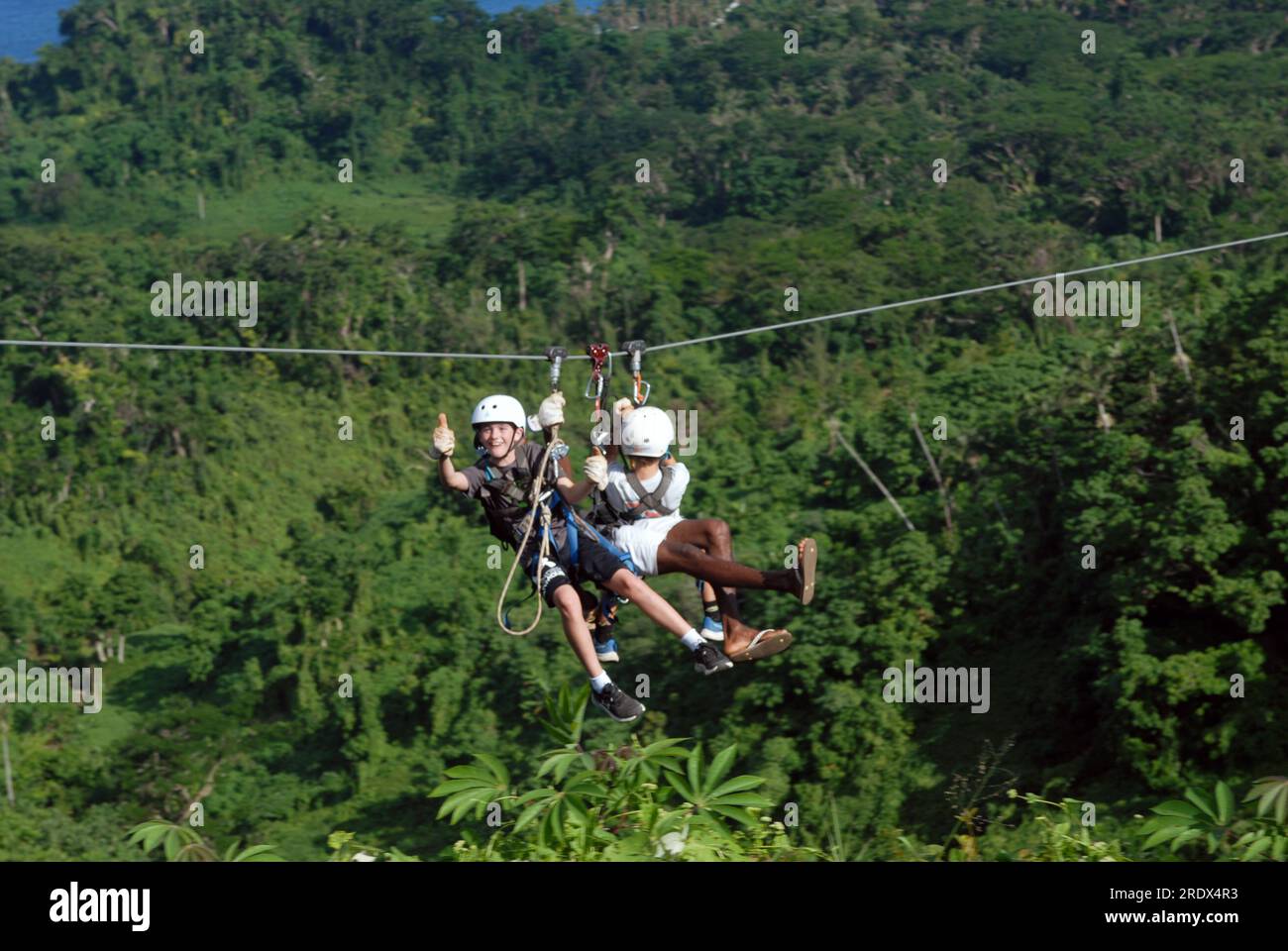 Tourists riding the zipline, Vanuatu Sky Bridge, Devil's Point Rd, Port ...