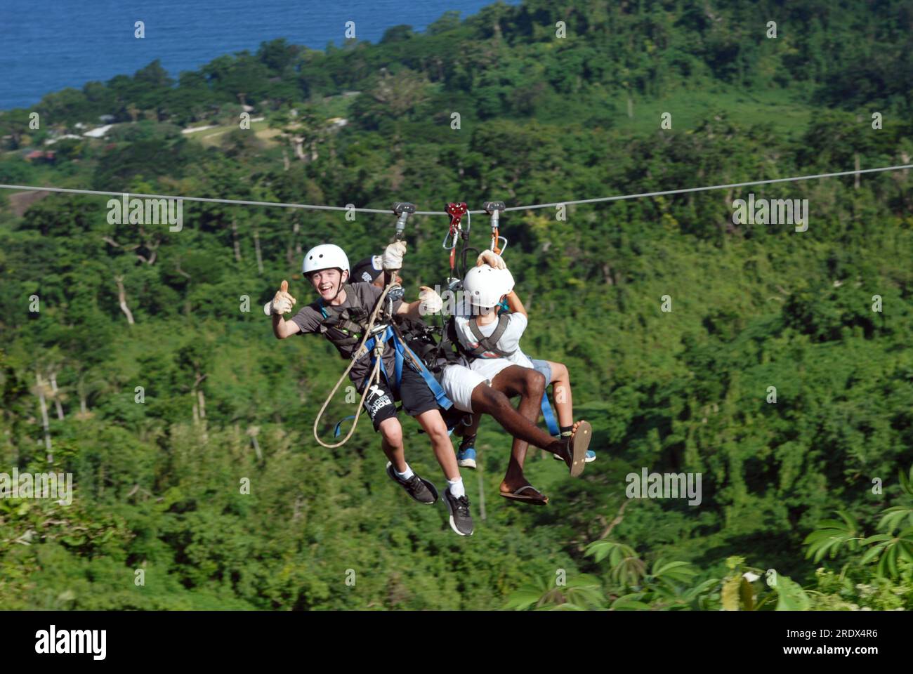 Tourists riding the zipline, Vanuatu Sky Bridge, Devil's Point Rd, Port ...