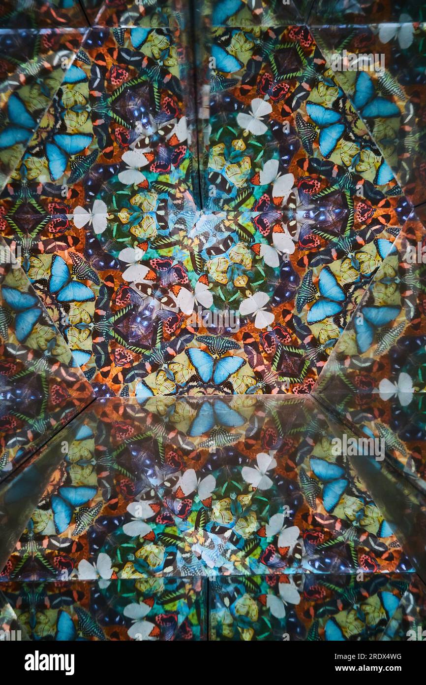 Vertical close up view of interior of kaleidoscope with multiple ...