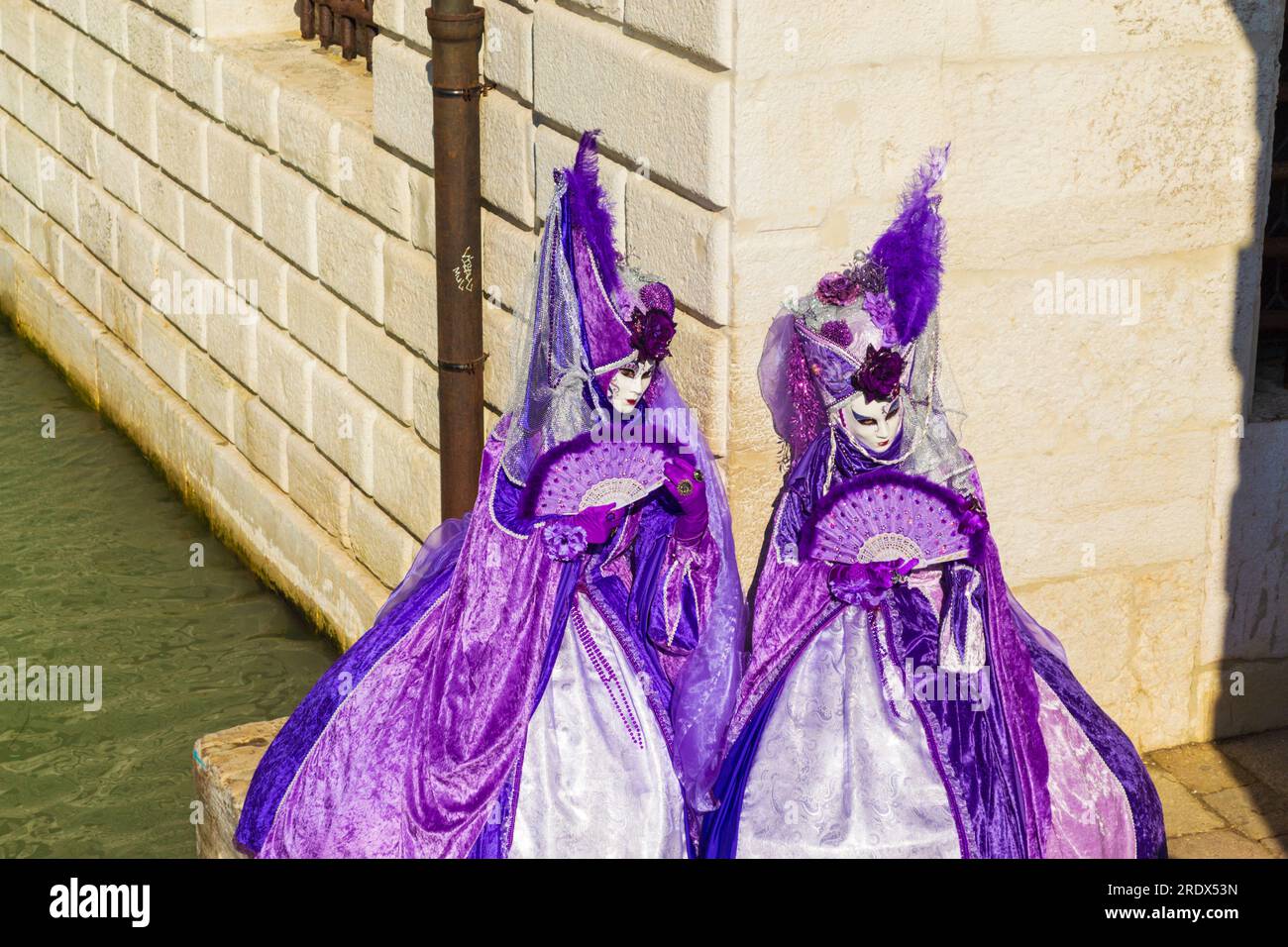 Disguised women dressed in spectacular bright purple costumes posing by ...