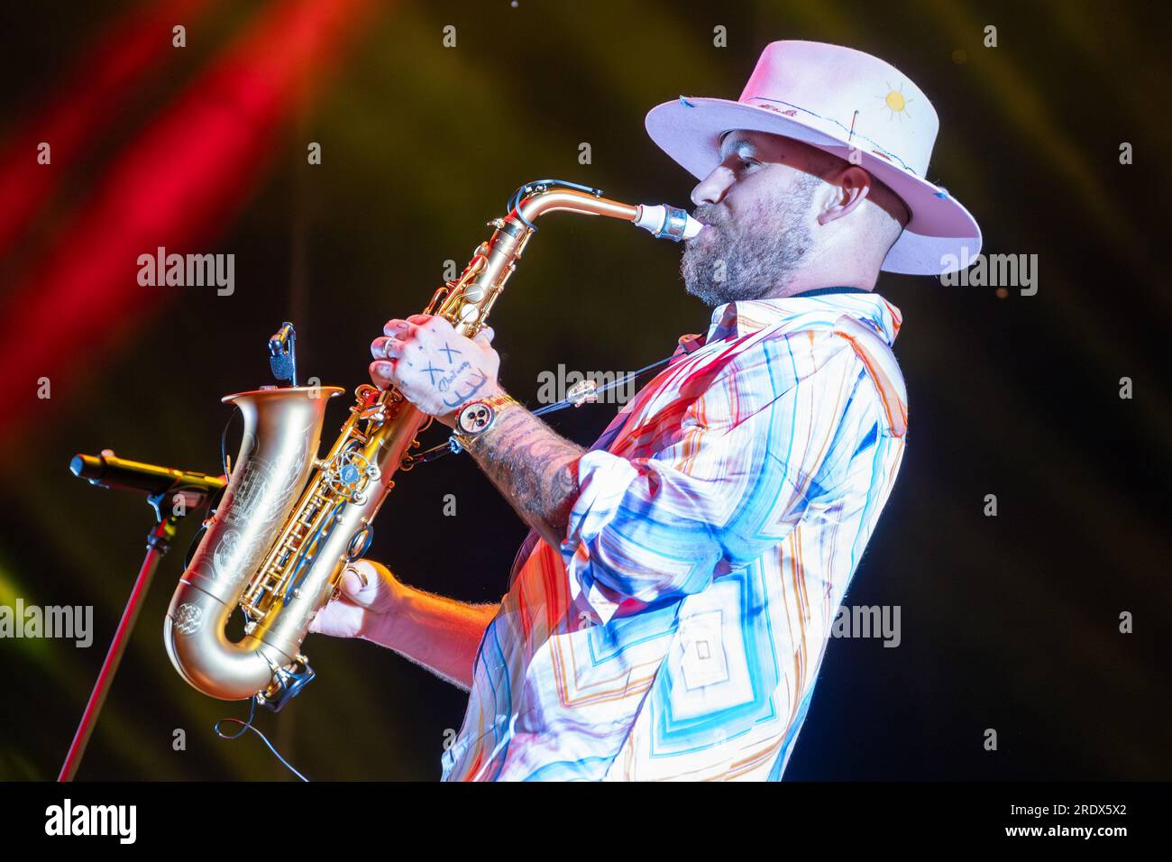 The saxophonist Jimmy Sax, stage name of Jeremy Rolland on stage ...