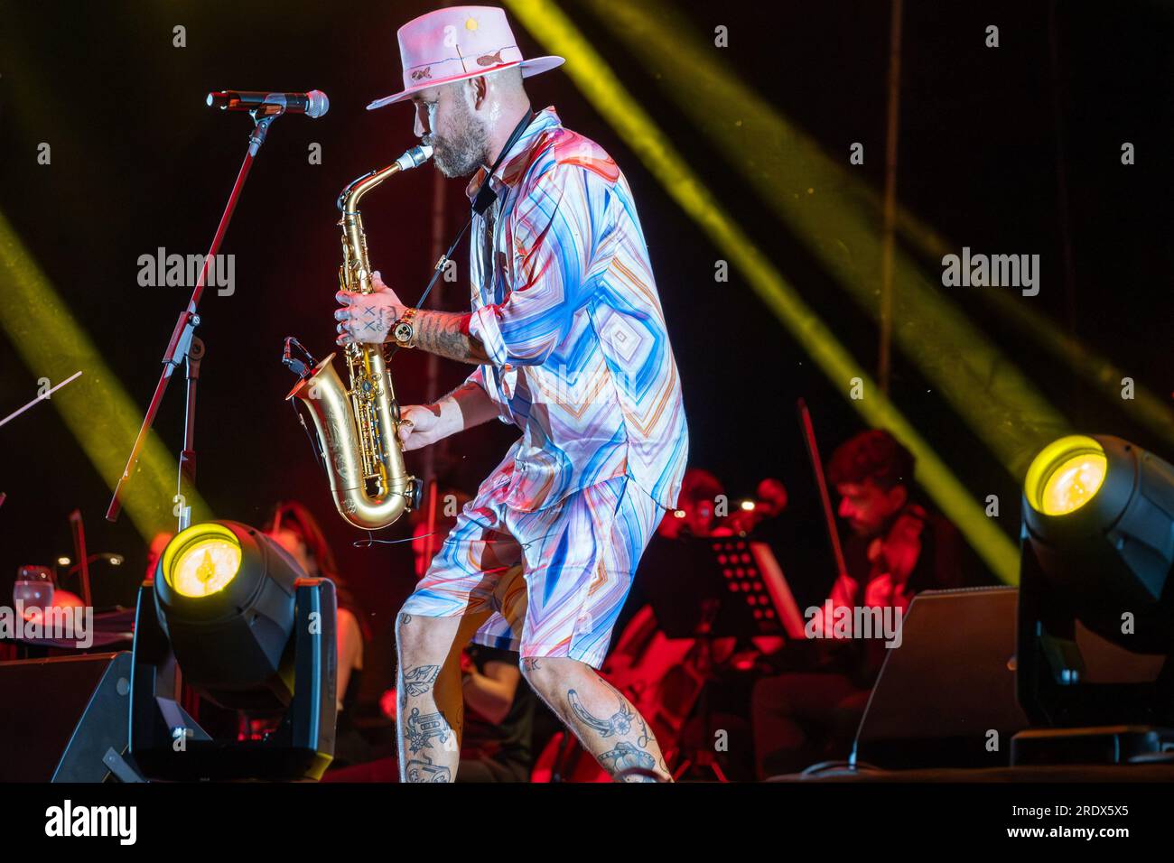 The saxophonist Jimmy Sax, stage name of Jeremy Rolland on stage ...