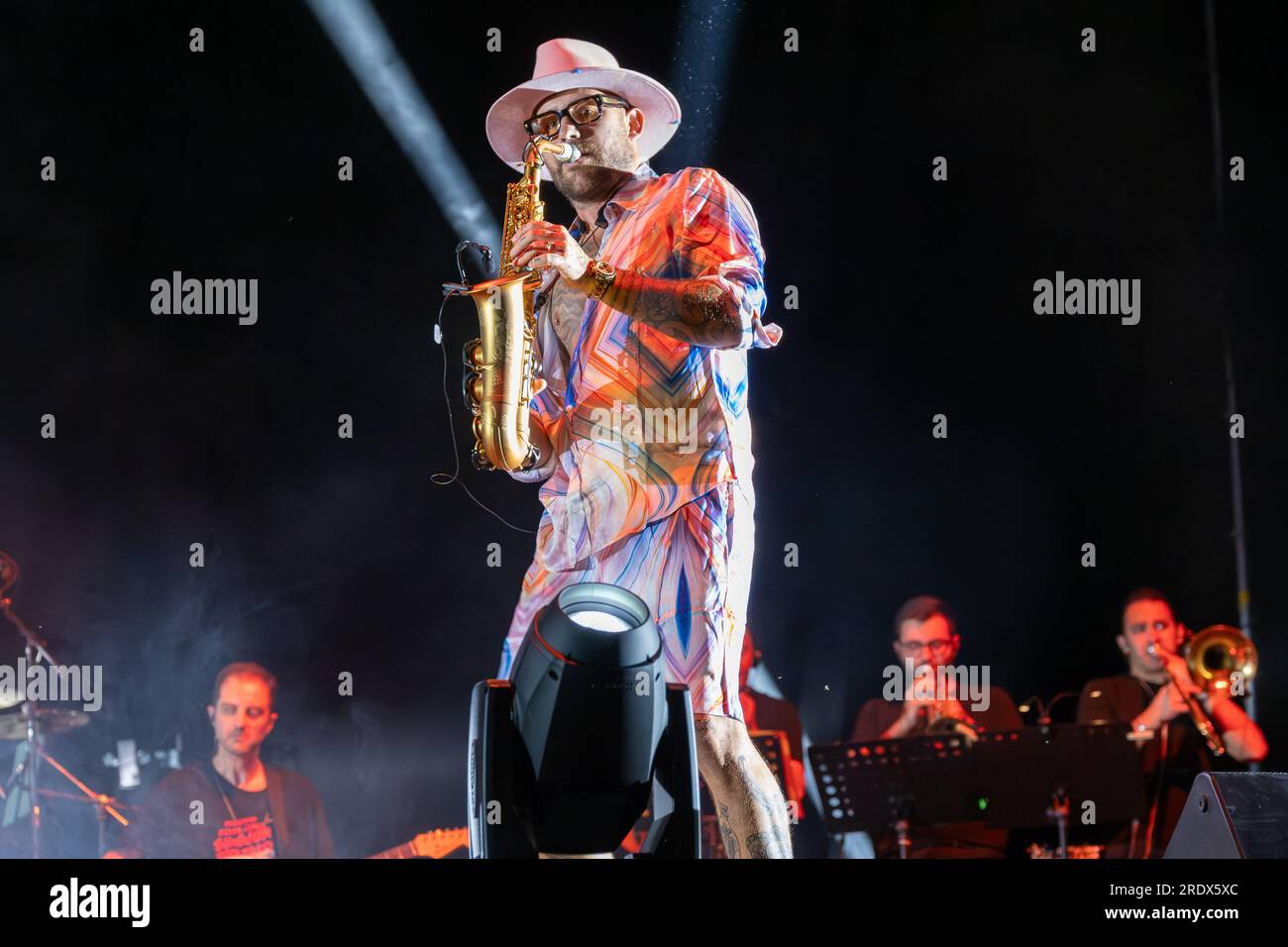 The saxophonist Jimmy Sax, stage name of Jeremy Rolland on stage ...