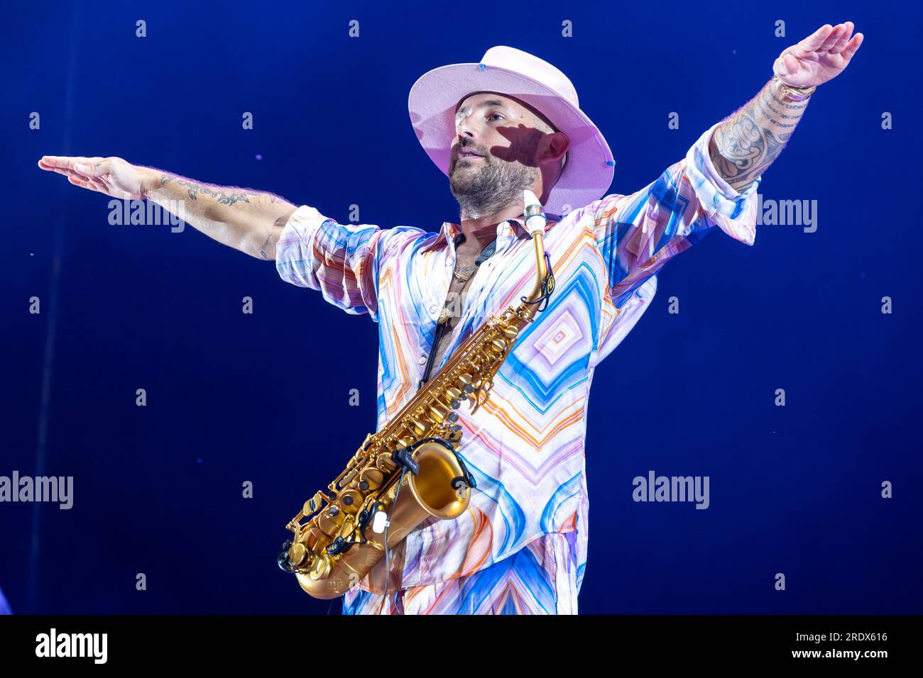 The saxophonist Jimmy Sax, stage name of Jeremy Rolland on stage ...