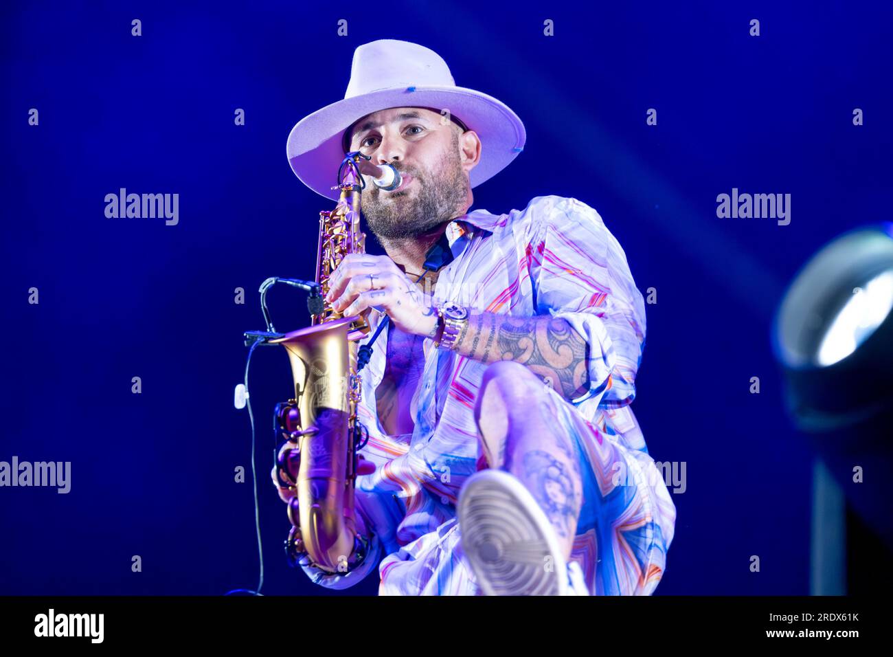 The saxophonist Jimmy Sax, stage name of Jeremy Rolland on stage ...