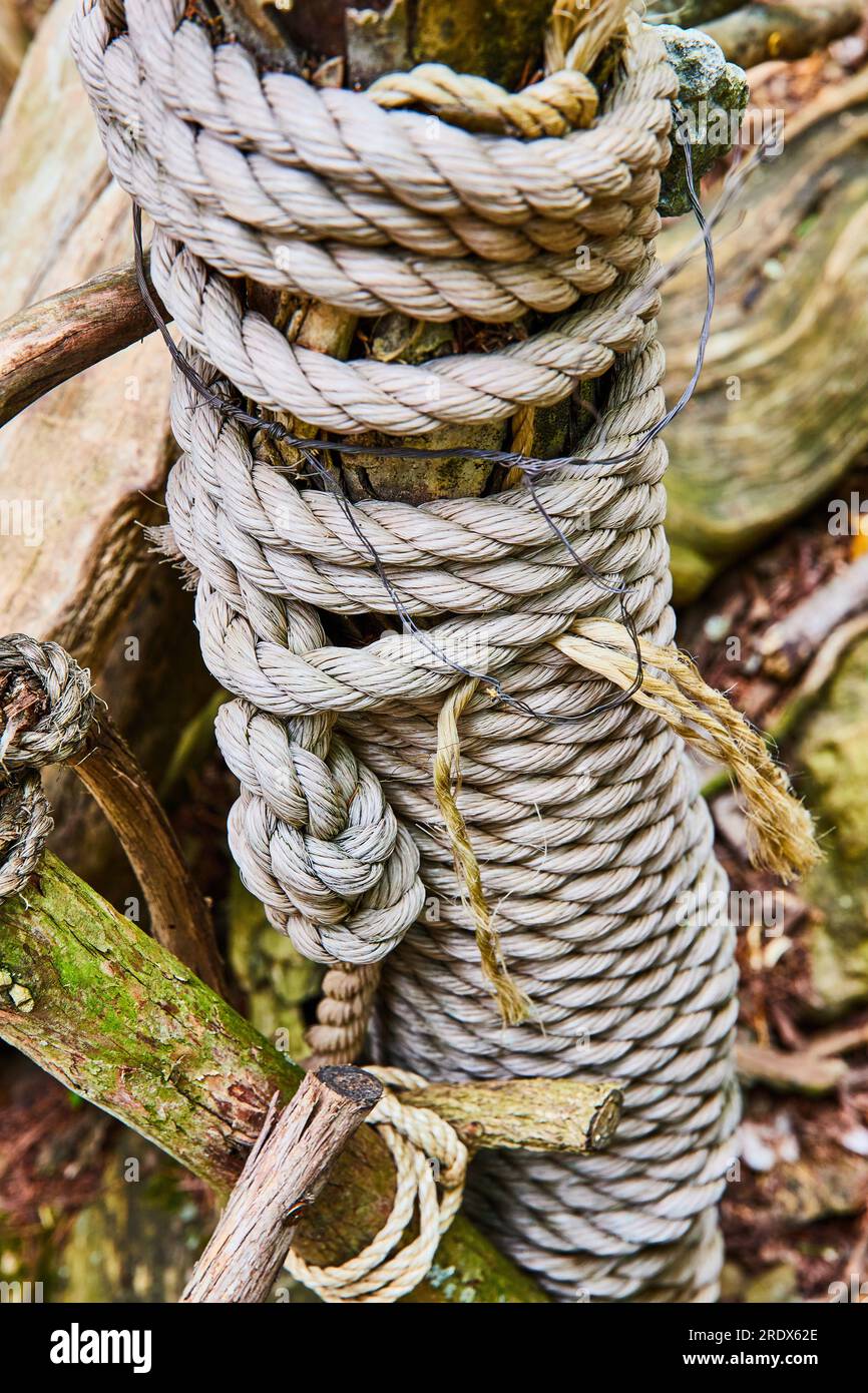 Driftwood pole wrapped in thick white rope close up shot with sticks ...