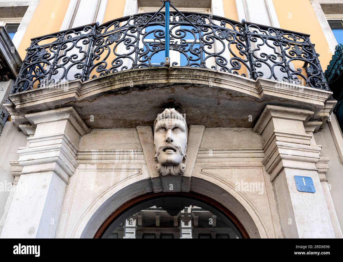 Human head-shaped sculpture called "Panduro" above the entrance of a ...