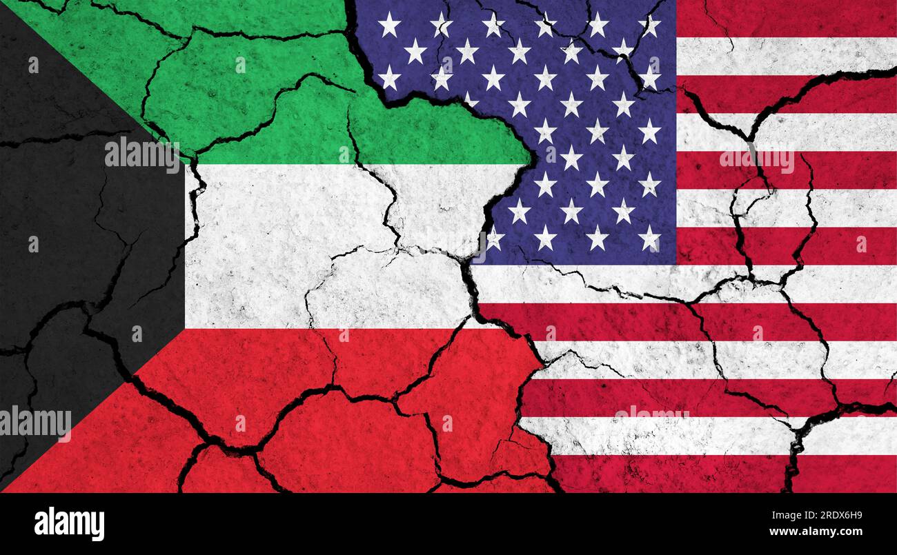 Flags of Kuwait and USA on cracked surface - politics, relationship ...