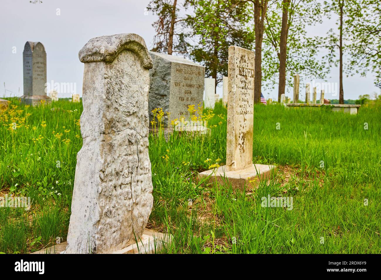 Three large tombstones, etchings in stone, graveyard headstones, summer ...